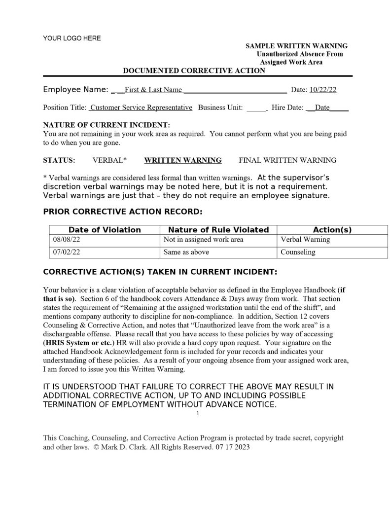 Written Warning Sample for Unauthorized Absence Policy