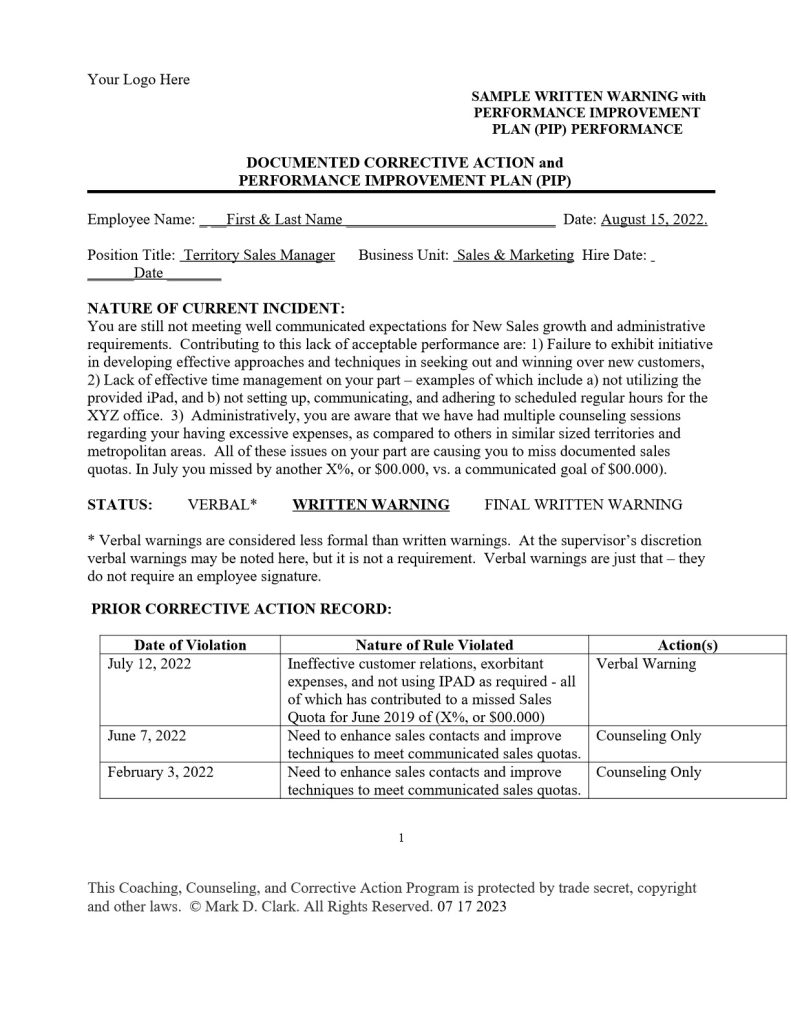 Combined Written Warning & PIP Sample Policy
